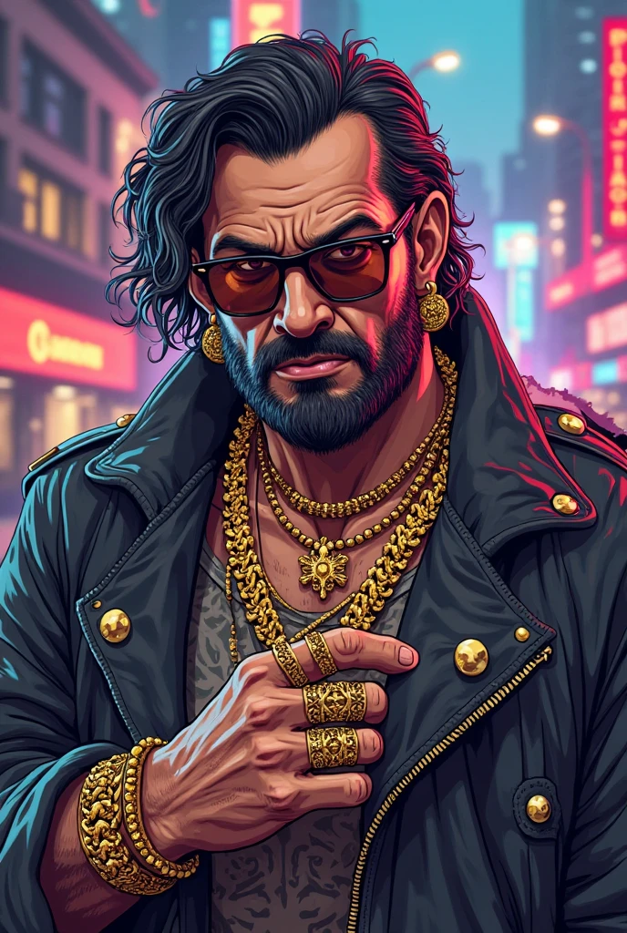A gta character bandit with rings and gold necklace in 8k cartoon style ...