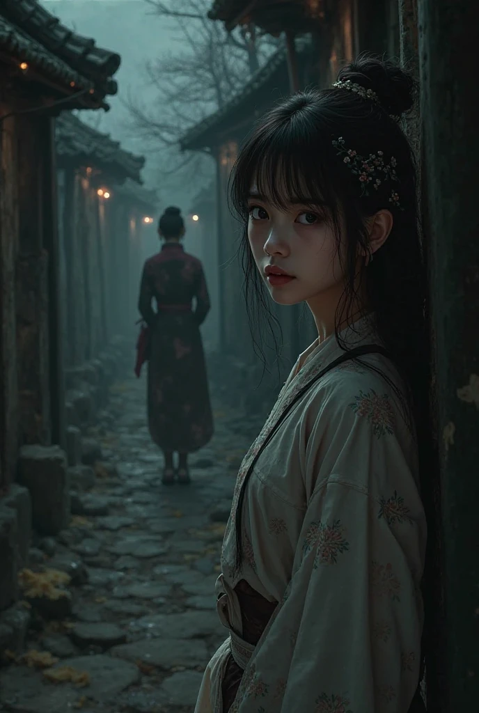 - "A tense scene of the young woman lurking in the shadows, peering out ...