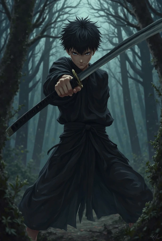 A age boy, fair skin, black hair,Eyes color Cris,black clothing pants ...
