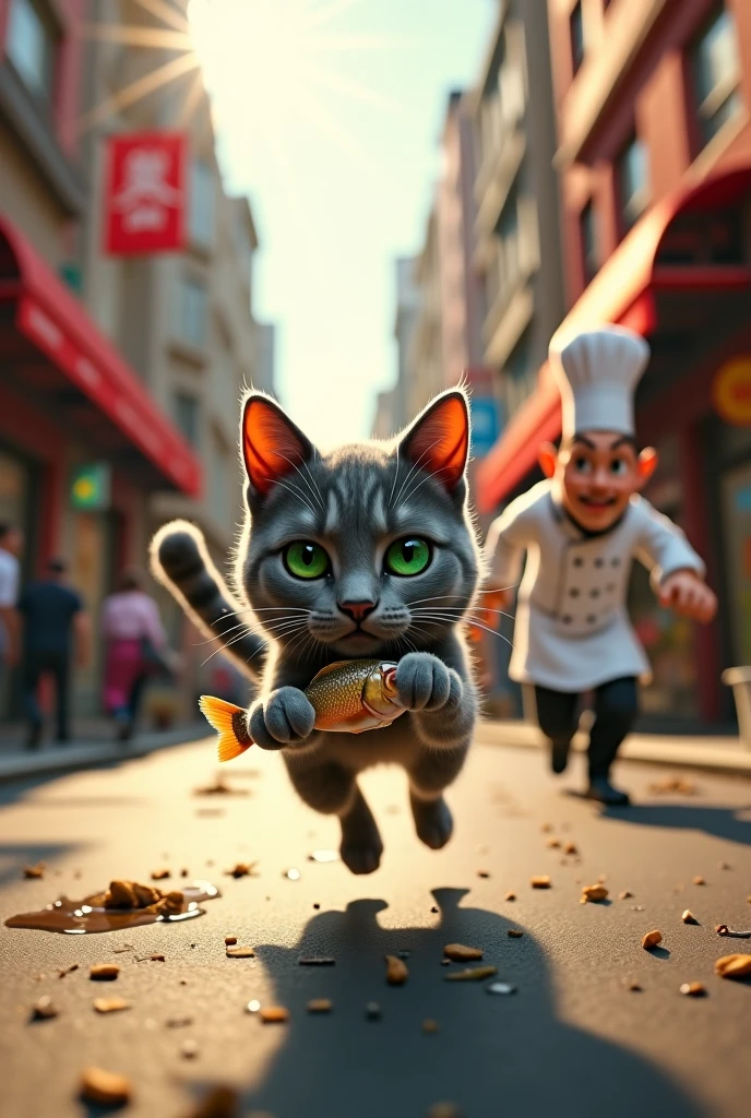 A realistic gray cat running on a street , with a fish in his hands ...