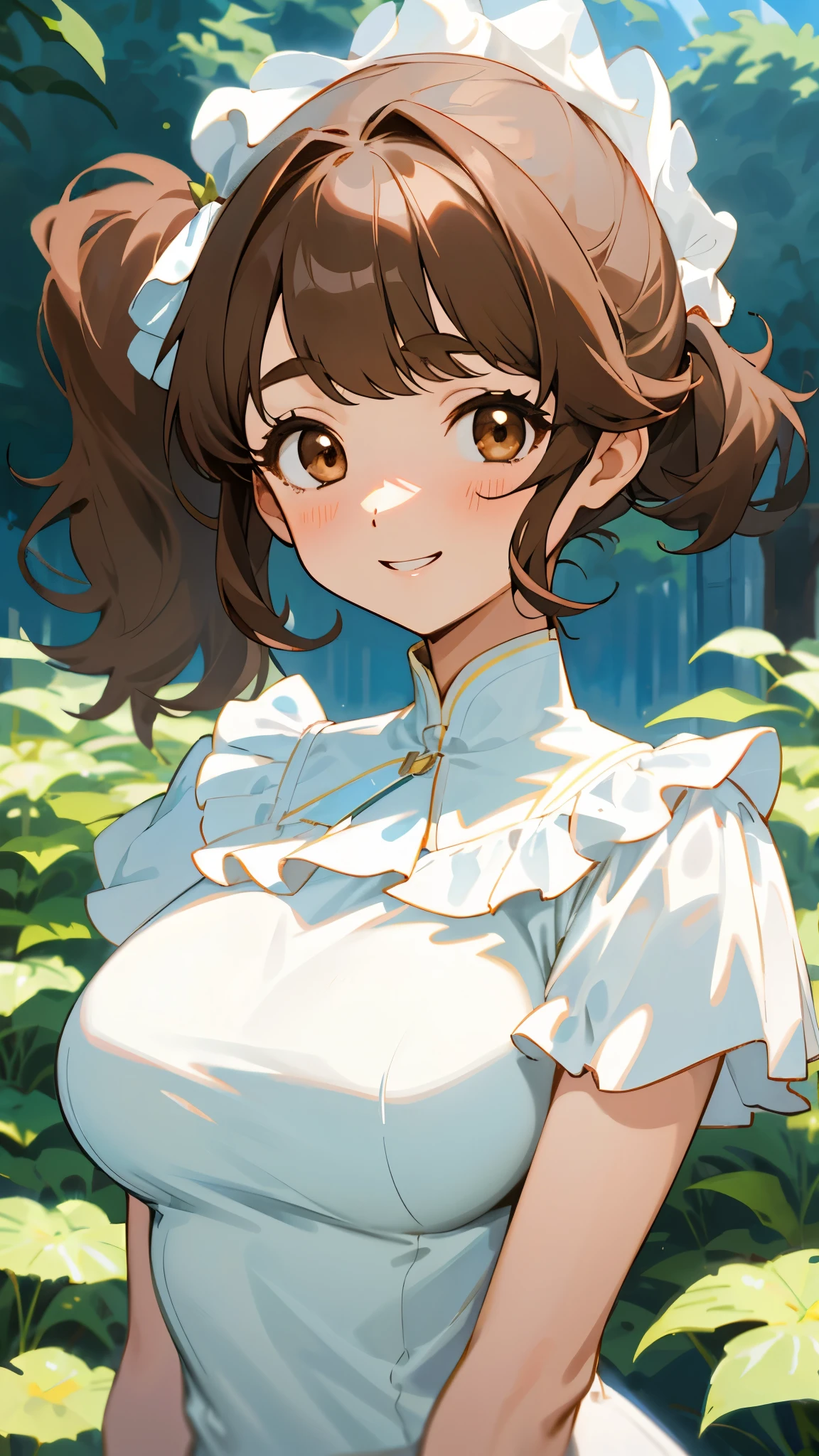 Anime girl in a white dress standing in a forest - SeaArt AI