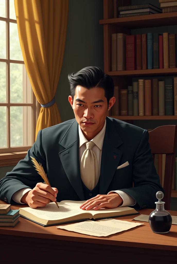 “Create an image of José Rizal sitting at a wooden desk, writing a ...