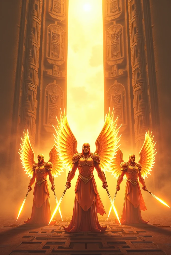 Angels with glowing wings, celestial armor, wielding flaming swords ...