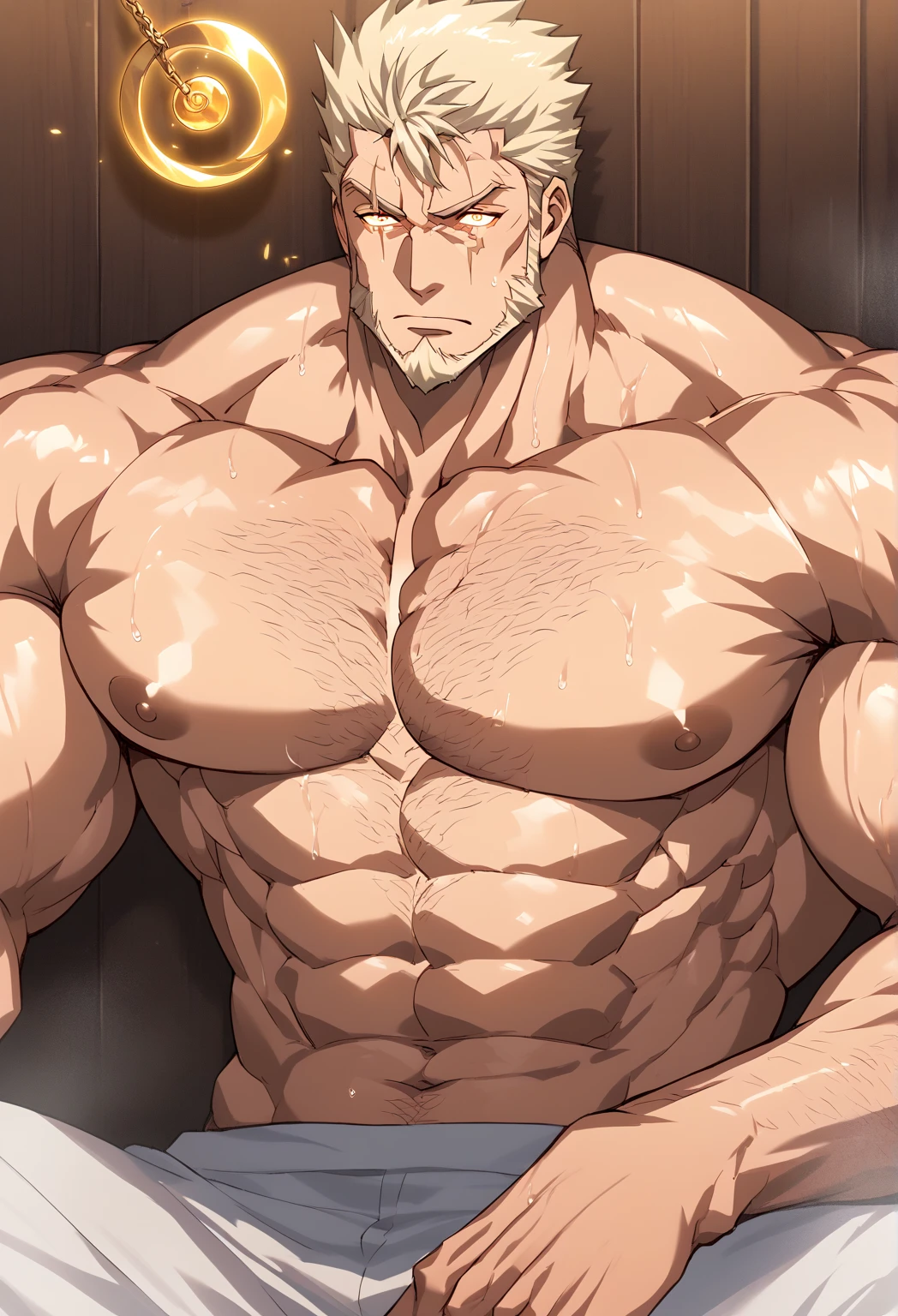 Laxus Dreyar sitting in the sauna, blond hair, beard, staring at golden ...