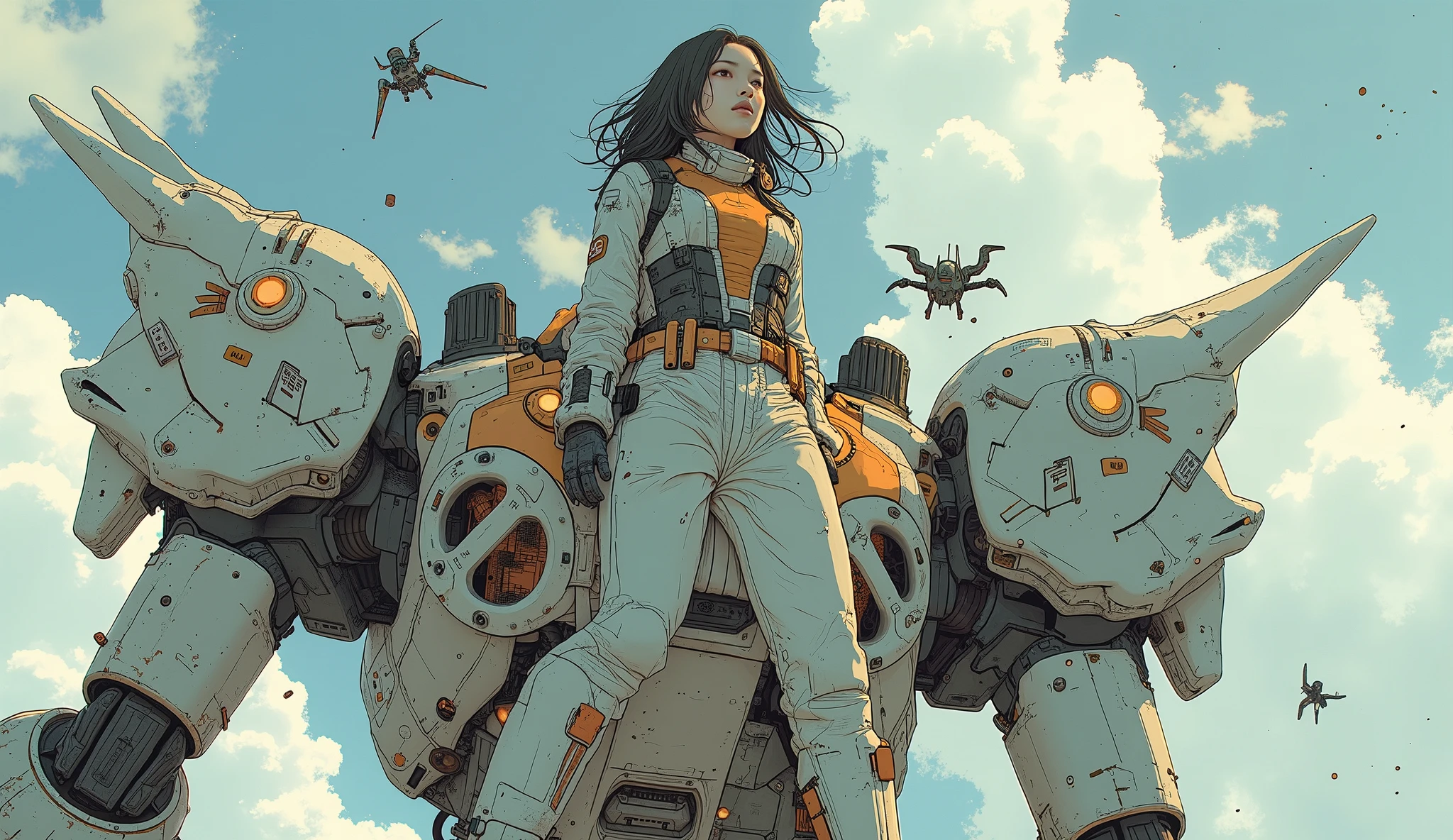 Anime - style illustration of a woman riding a giant robot with a bird ...