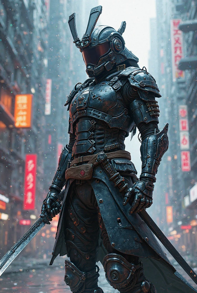 Create a cyber samurai with bust equipment and a sawn sword - SeaArt AI