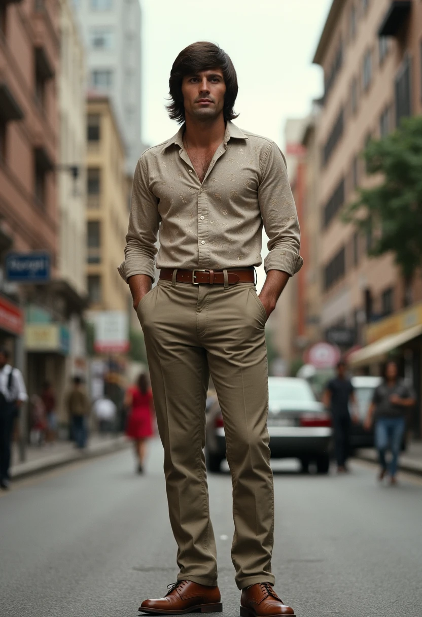 Jorge of twenty years old dressed in clothes from 1960, long hair with ...