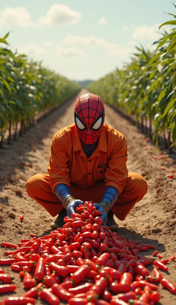 In the middle of an extensive field of peppers, Spider-Man is crouched ...