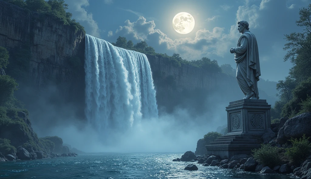 "A cascading waterfall glowing under an endless full moon, with a grand ...