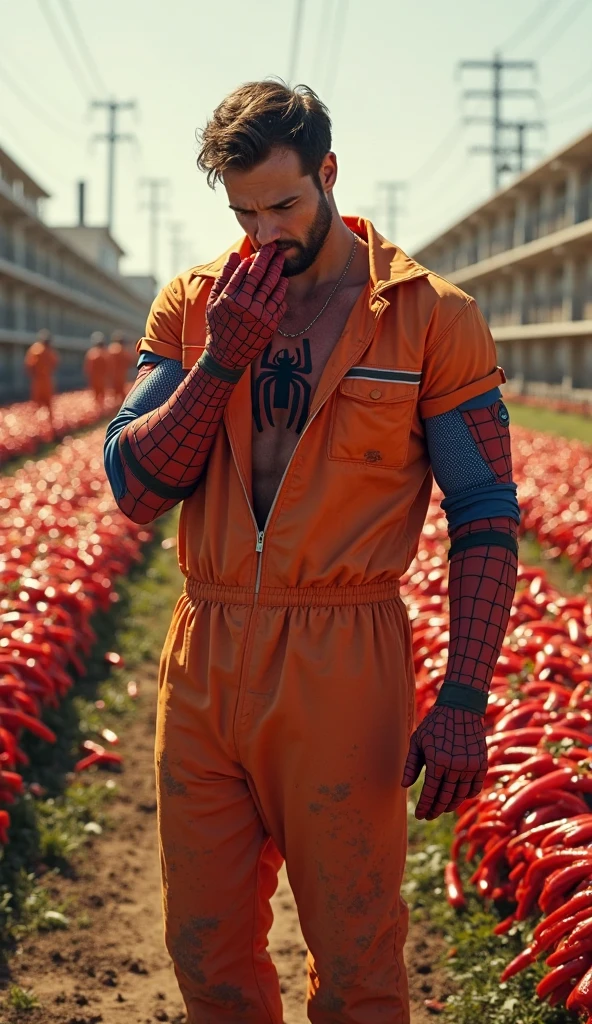 In the middle of a vast field of peppers, Spider-Man holds a small red ...