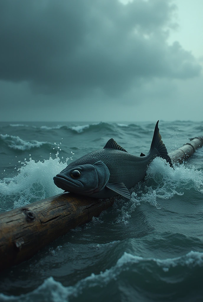 Fish on a log drowning on sea - SeaArt AI