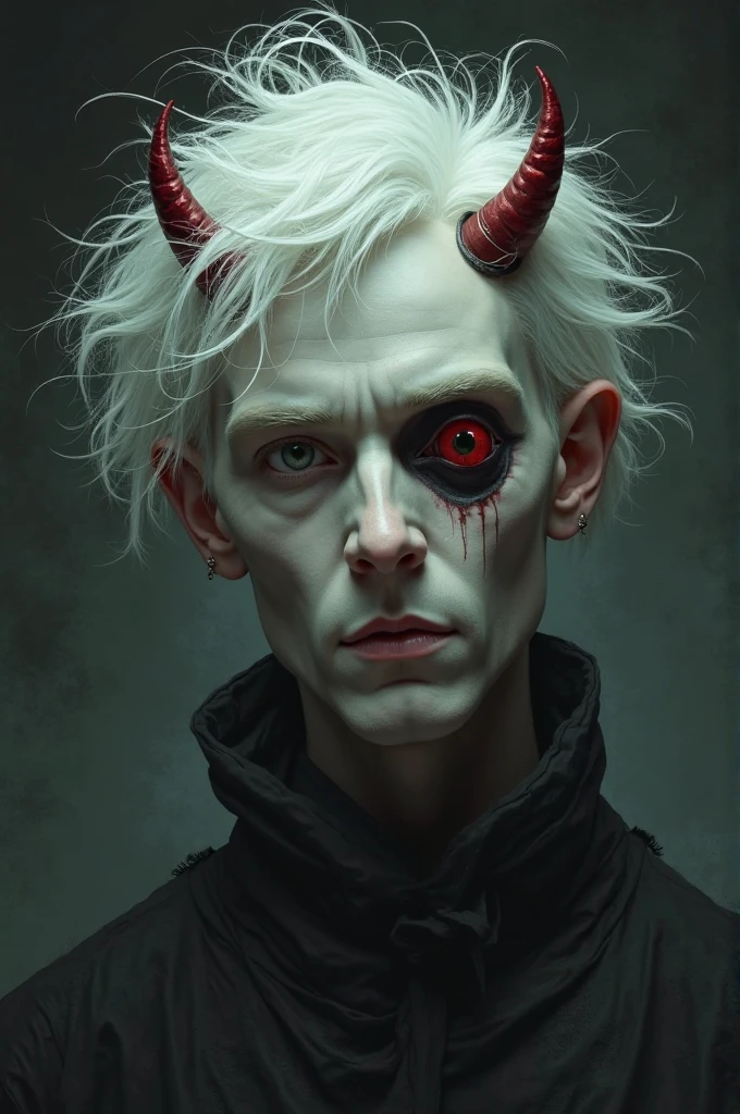 Make a pale man, with messy white hair, with two small red horns ...