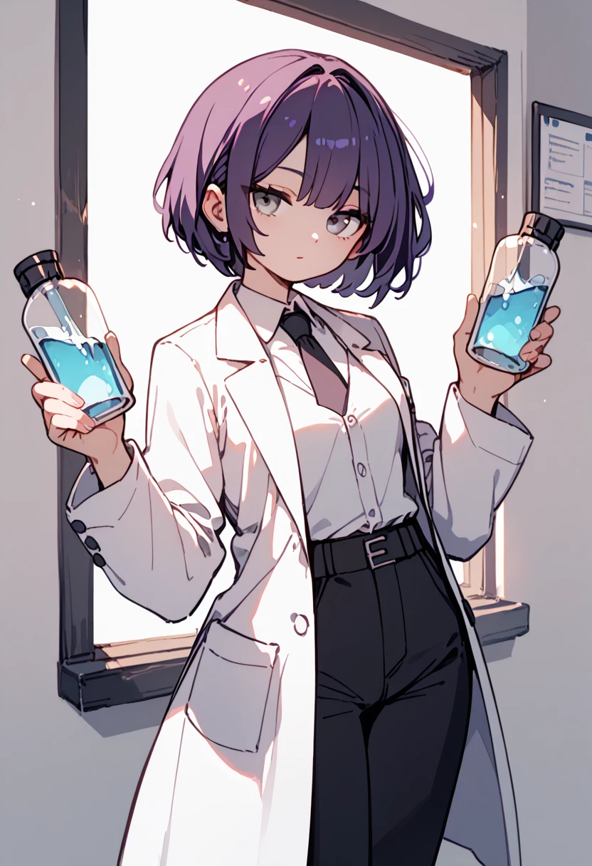 Dark purple hair, grey eyes , short hair, scientist, lab coat - SeaArt AI
