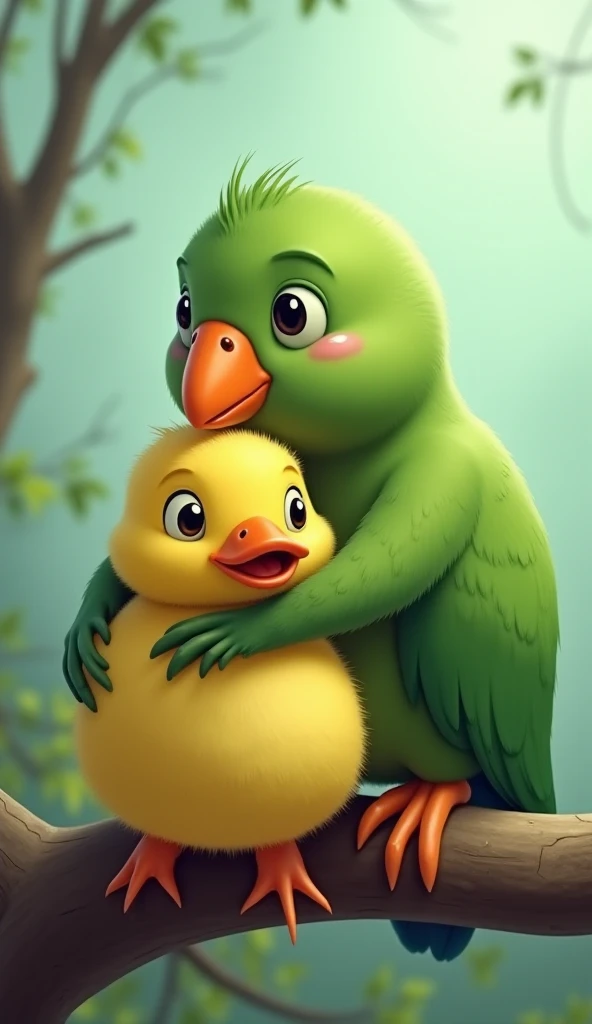 The green parrot sits on a branch, a single tear rolling down its cheek ...