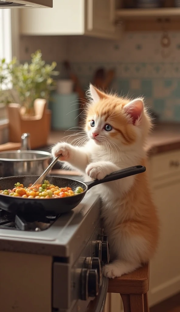 Here’s the prompt in English: "A cute, fluffy kitten is cooking in a ...