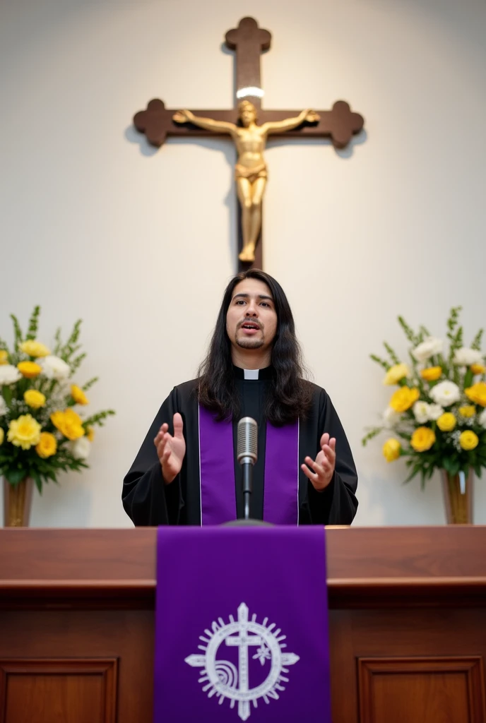 The young man Pastor have a long black hair standing behind a church ...