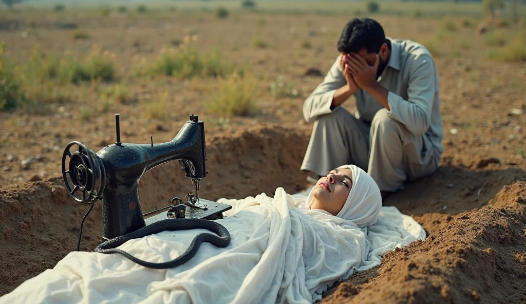 "A heartbreaking scene set in an open field with patches of grass and ...