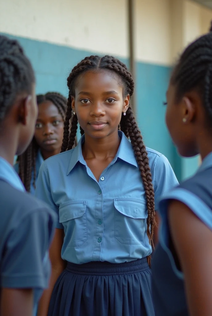Generate a dramatic shot of a group of 5 students cornering the girl ...