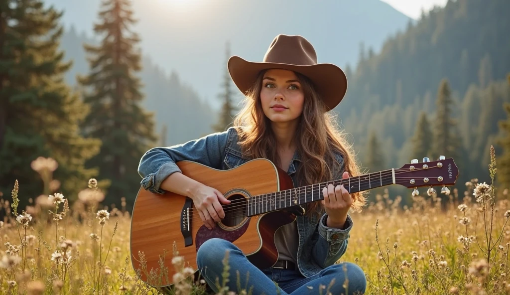 A young woman with long, wavy brown hair sits in a picturesque meadow ...