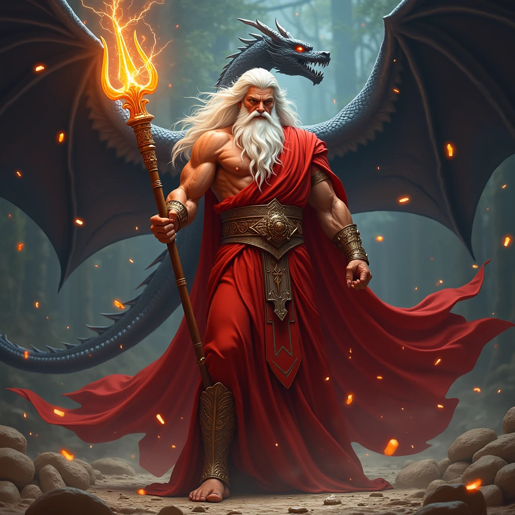 Dashing red-robed Zeus god character holding a lightning trident ...