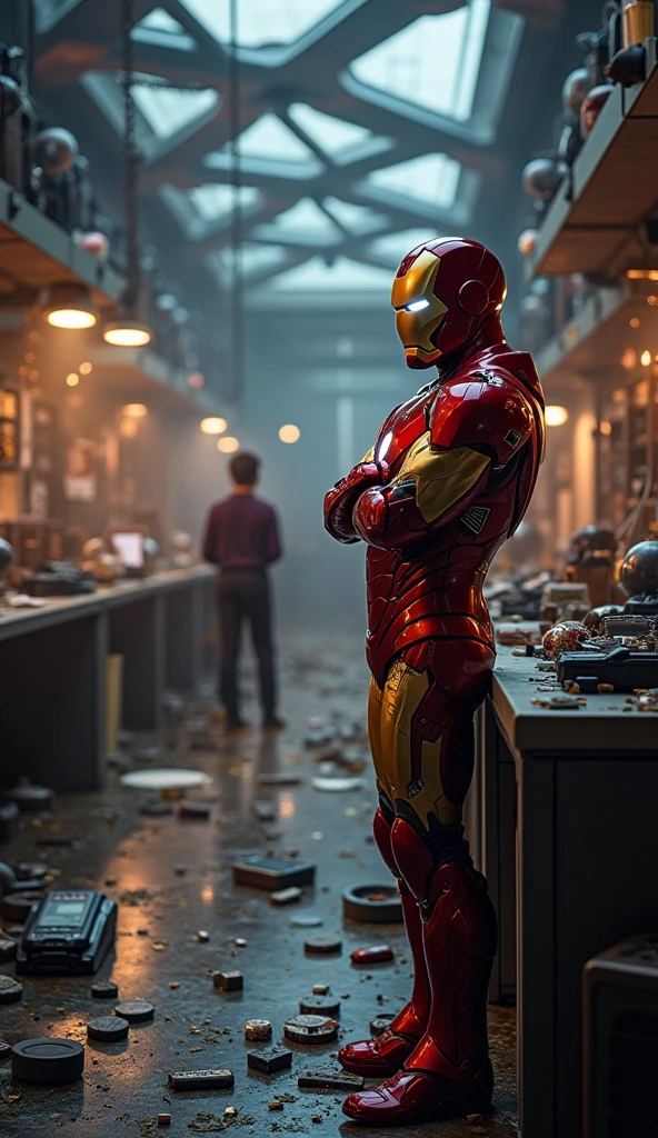 "Inside the sleek, high-tech Stark Tower lab, Iron Man stands with his ...