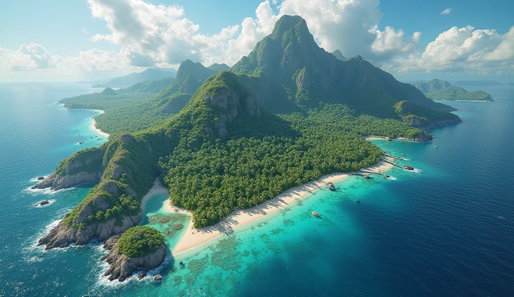 Panoramic view of a tropical island where the contours of the shore ...