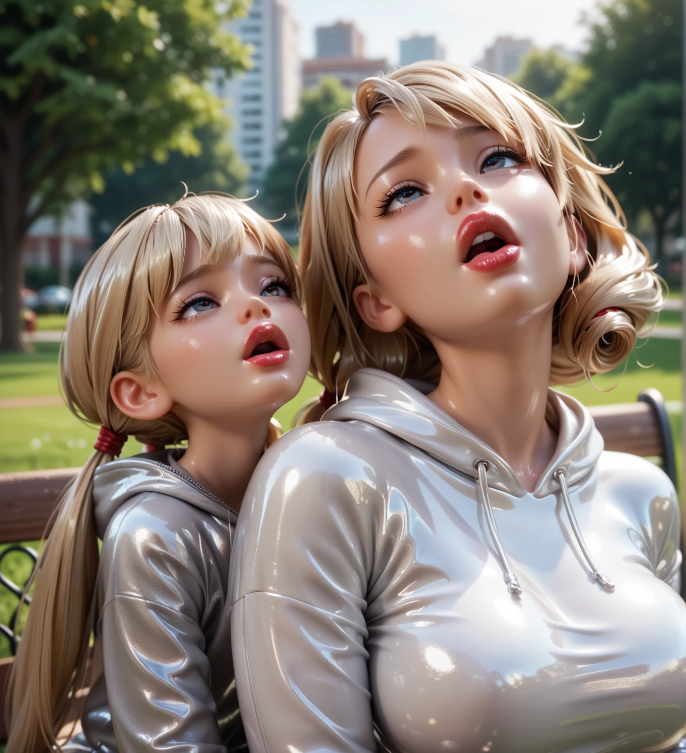 3 young girls, Sits in the park , in extremely tight , shiny silver latex hood - SeaArt AI