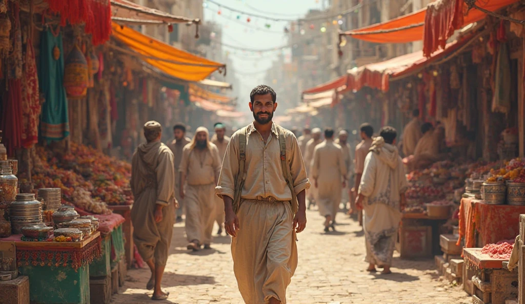 A modestly dressed man with a cheerful face walks through a lively ...