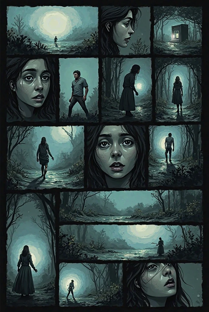 Make a horror story with 15 panels and put captions - SeaArt AI