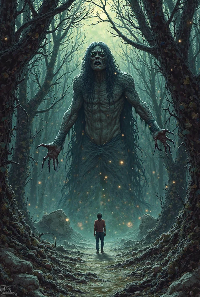 Make a horror story with 15 panels and put a readable captions and make ...