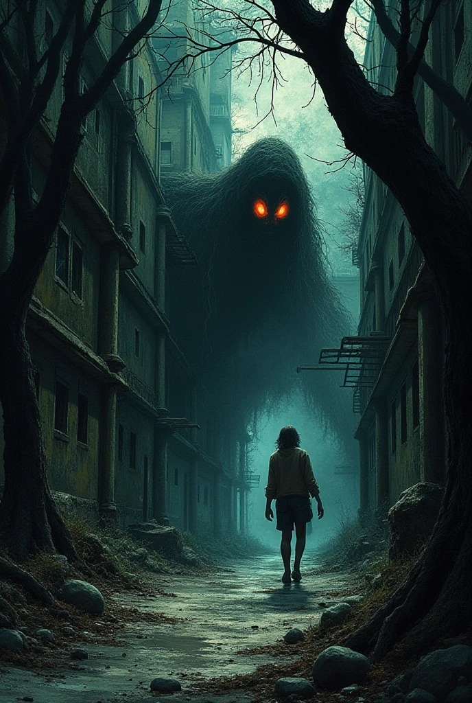 Make a horror story with 15 panels and put a readable captions and make ...