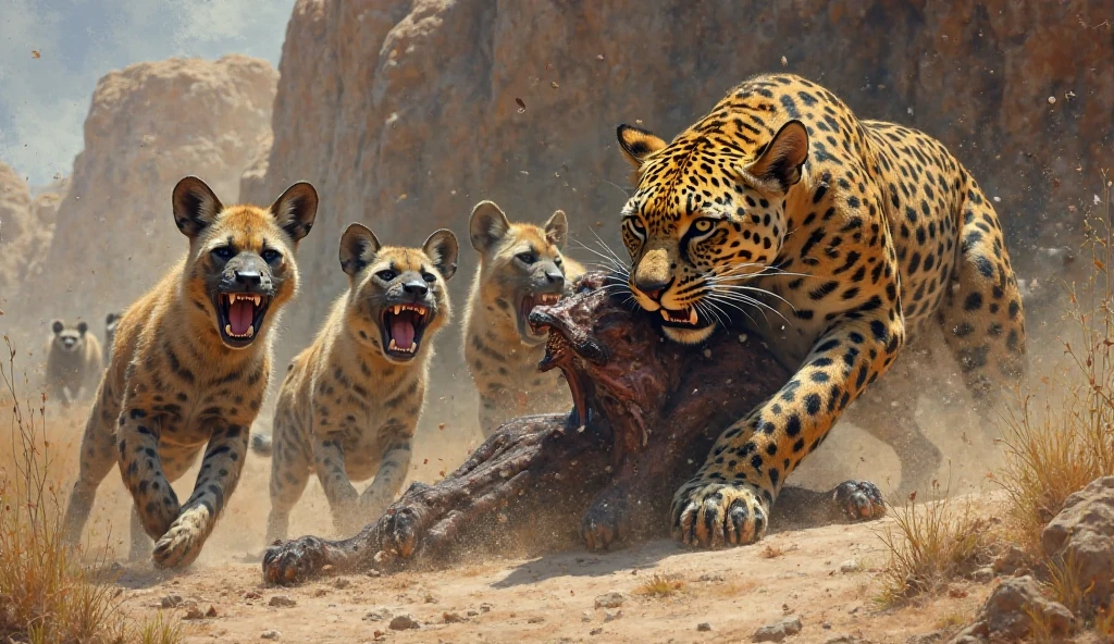 Leopard vs. Hyena Pack – A leopard has sunk its fangs into a hyena ...
