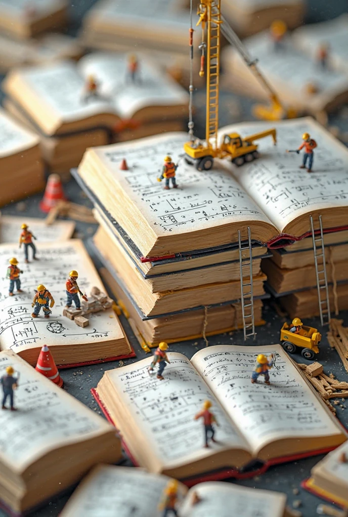 A group of tiny miniature construction workers actively working on ...