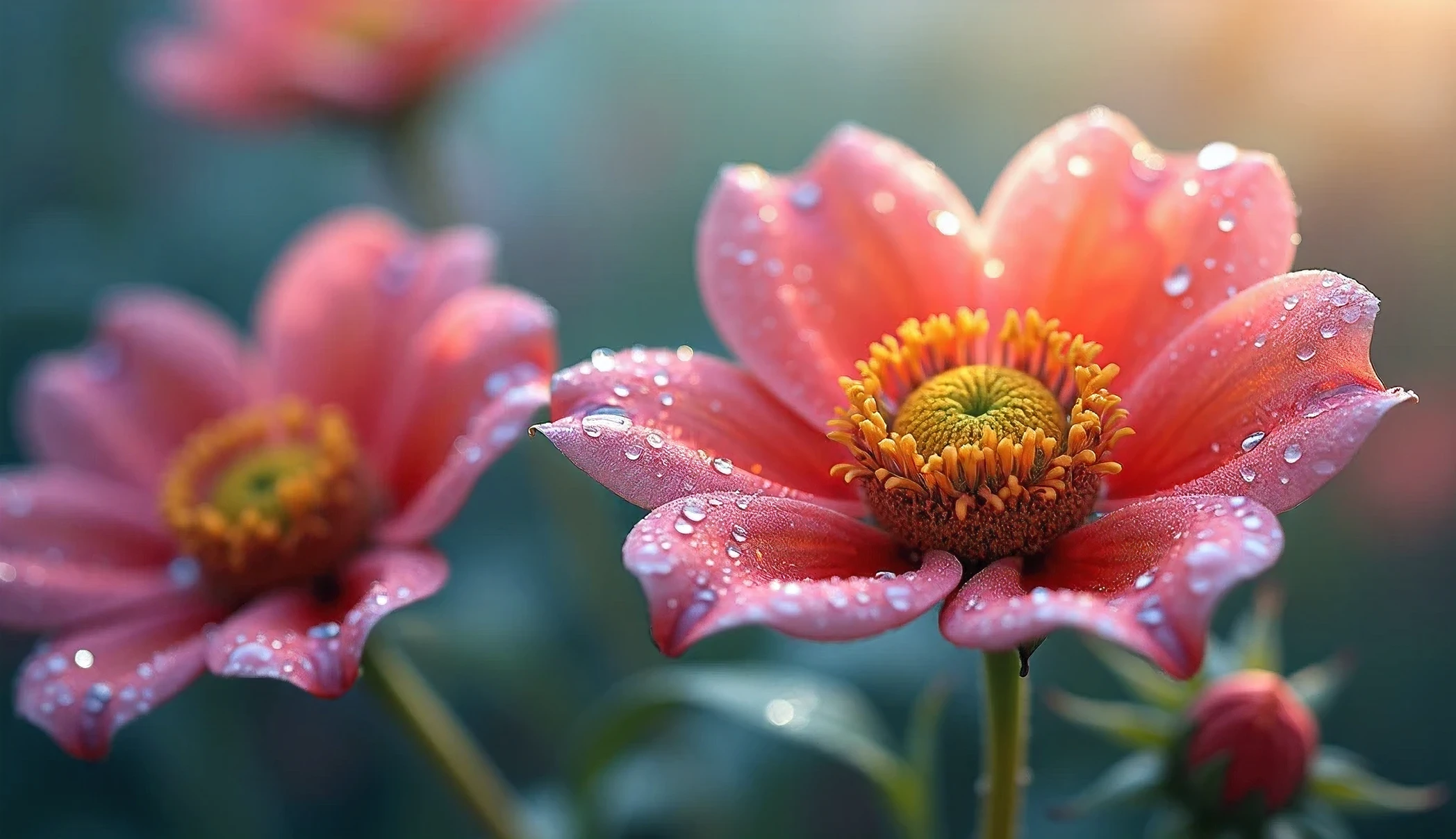 There are two pink flowers with water droplets on them - SeaArt AI