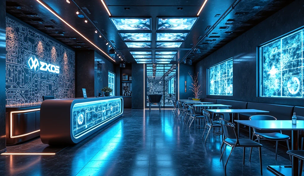 Design a high-tech futuristic BAR club area with a sleek circuit ...