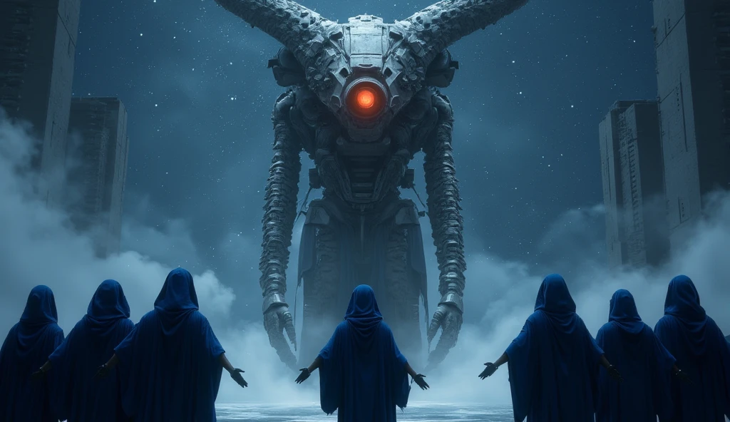 futuristic image , several futuristic monks with their backs - SeaArt AI