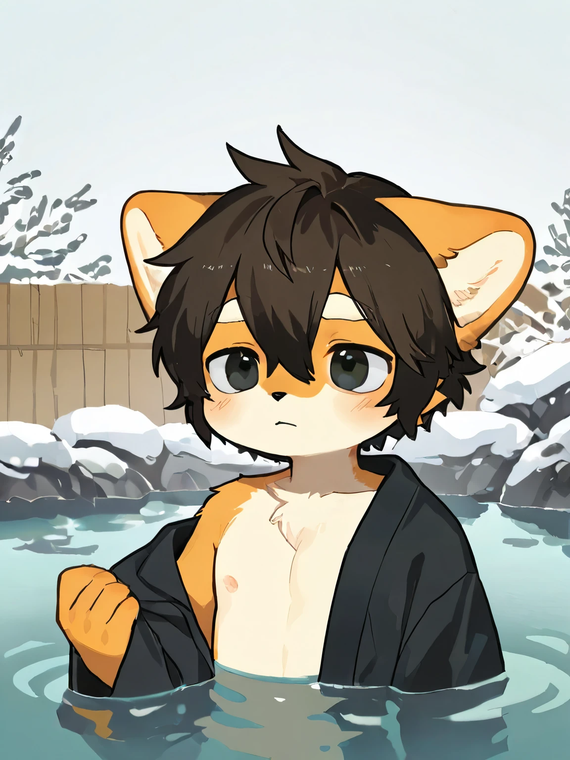 A cartoon cat in a kimono outfit is in the water - SeaArt AI
