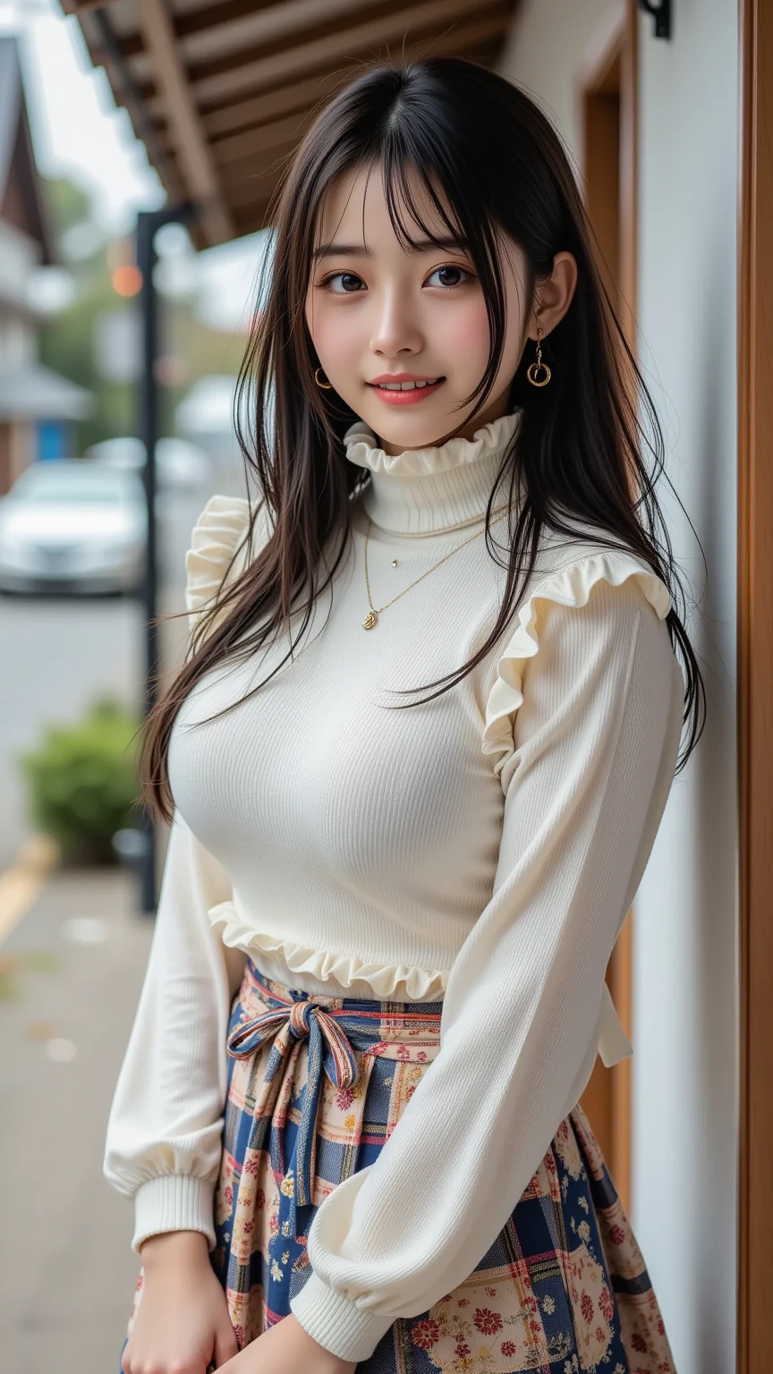 CUTE Japanese woman 16yo Holiday Ruffle turtleneck knit pullover and ...