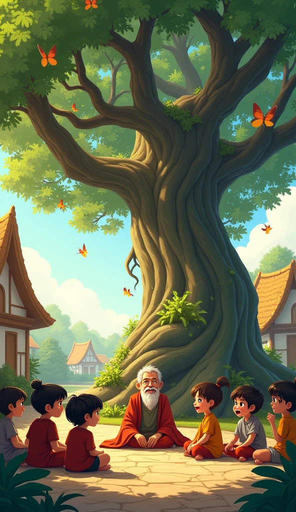 "A storytelling scene set in a village, where an elder explains the ...