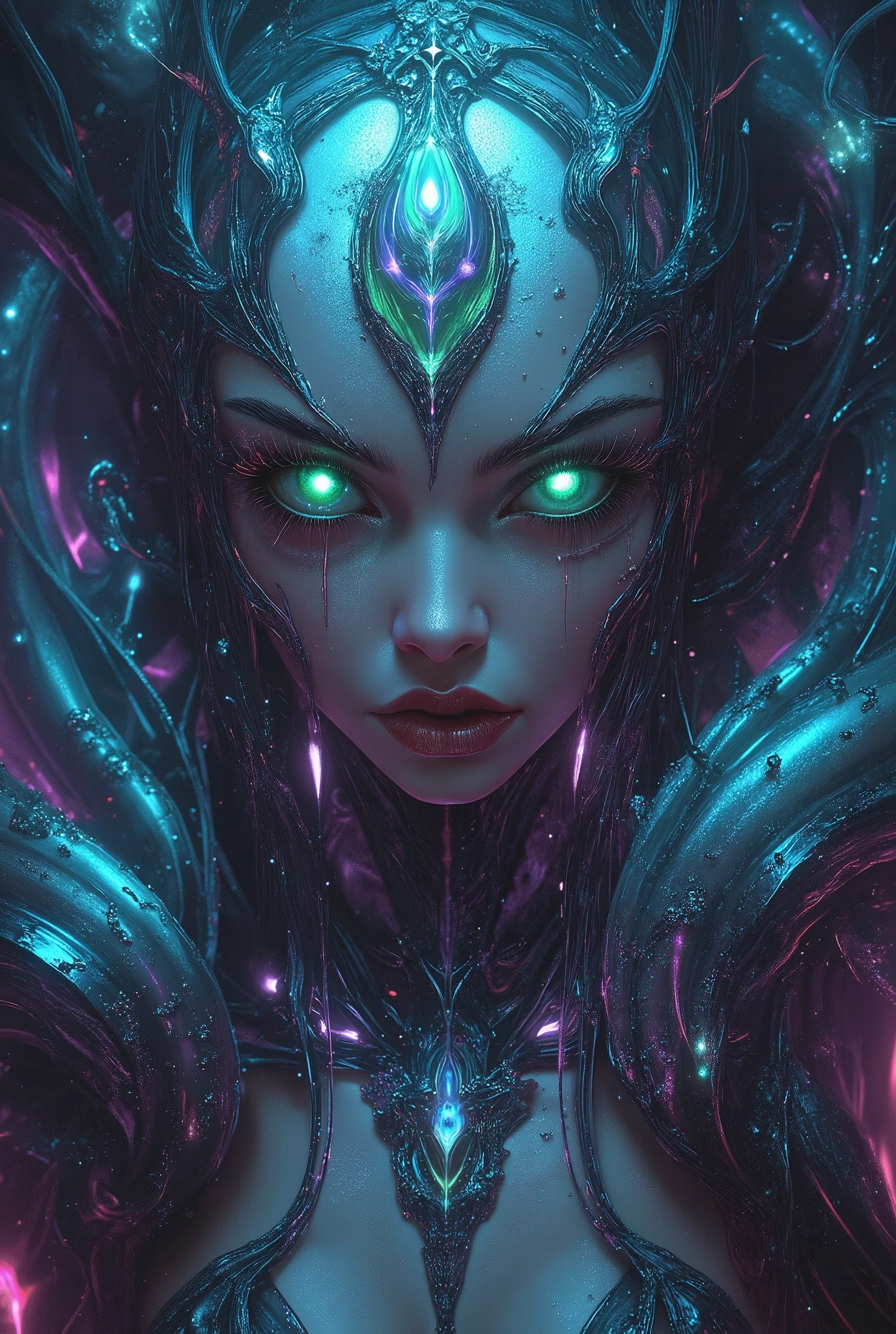 A close up of a woman with a very long hair and glowing eyes - SeaArt AI