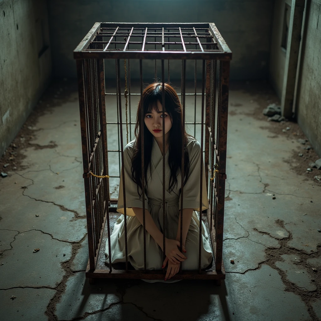 Photograph of a beautiful Japanese woman trapped in a small square cage ...