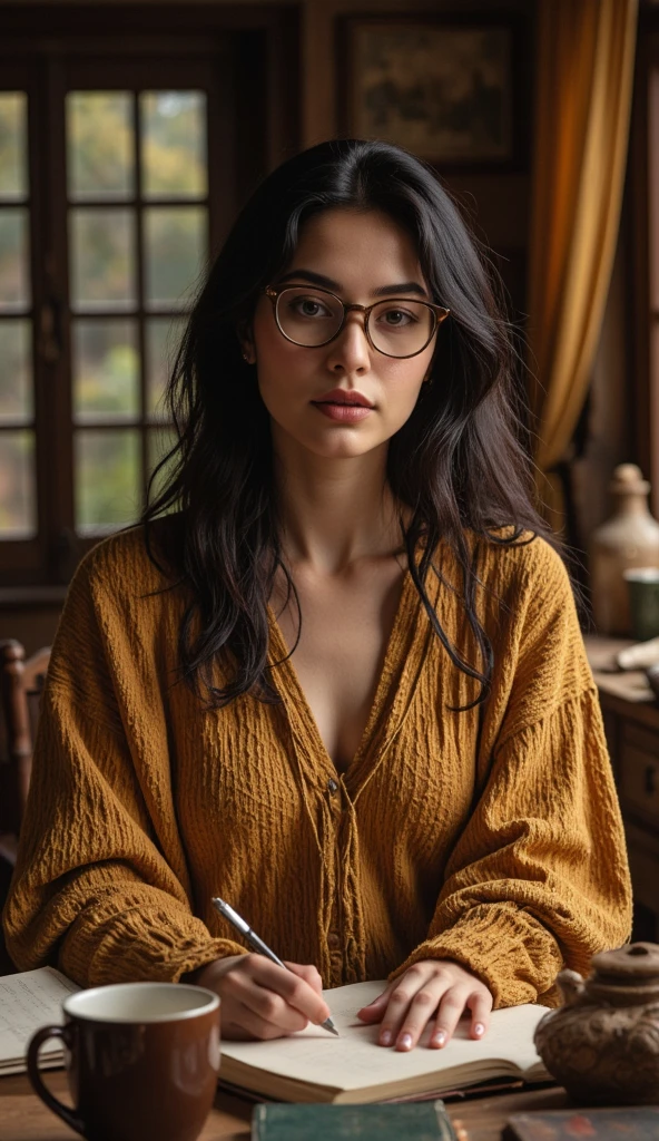 Woman, a writer, black hair, simple in clothing, look smart, with ...