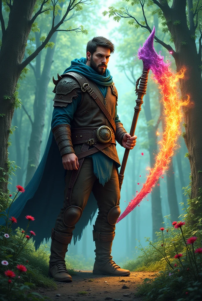 A guy holding a burning rainbow scythe in a forest - SeaArt AI
