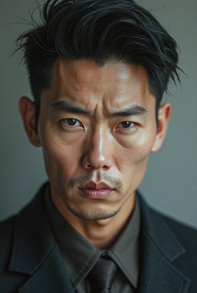 Korean man, 30 years old, thin, sharp facial features , angry look ...