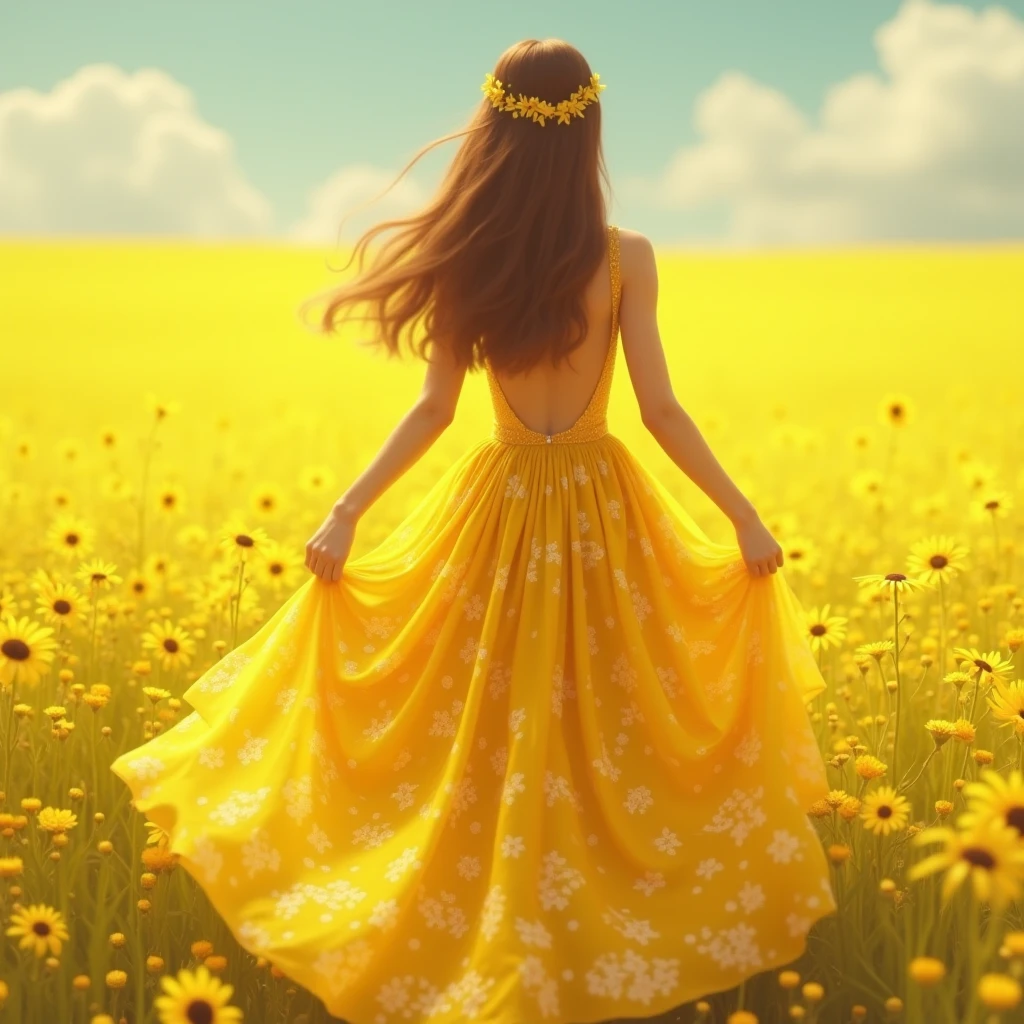 Yellow long dress,Yellow flower field , long hair,,girl,animation For ...