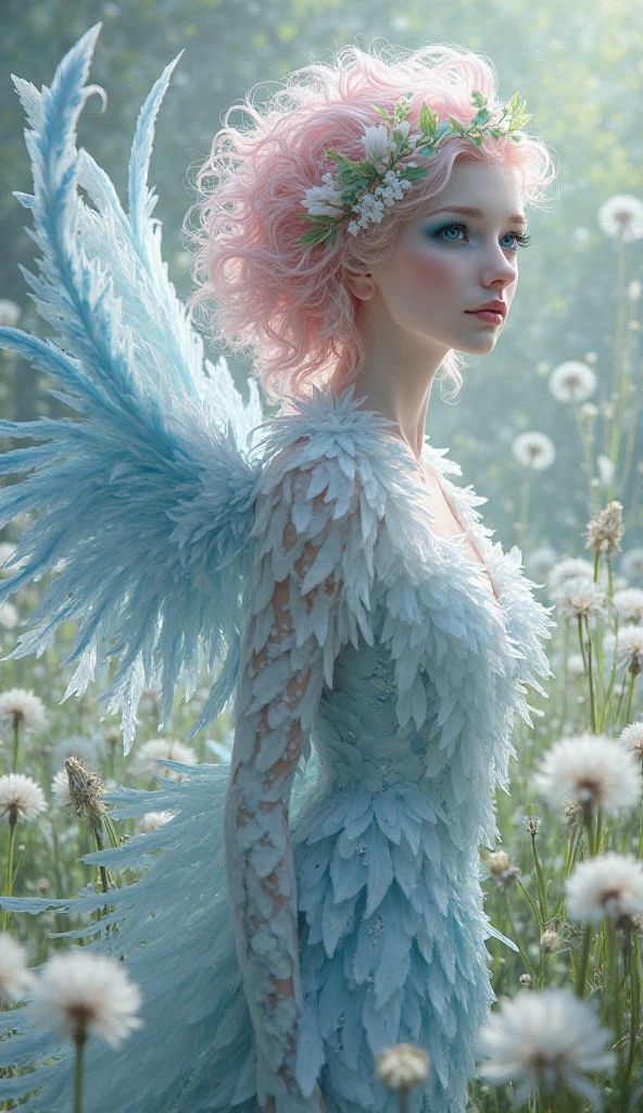 A 3D render of a magical frost bird with white and blue feathers in an ...