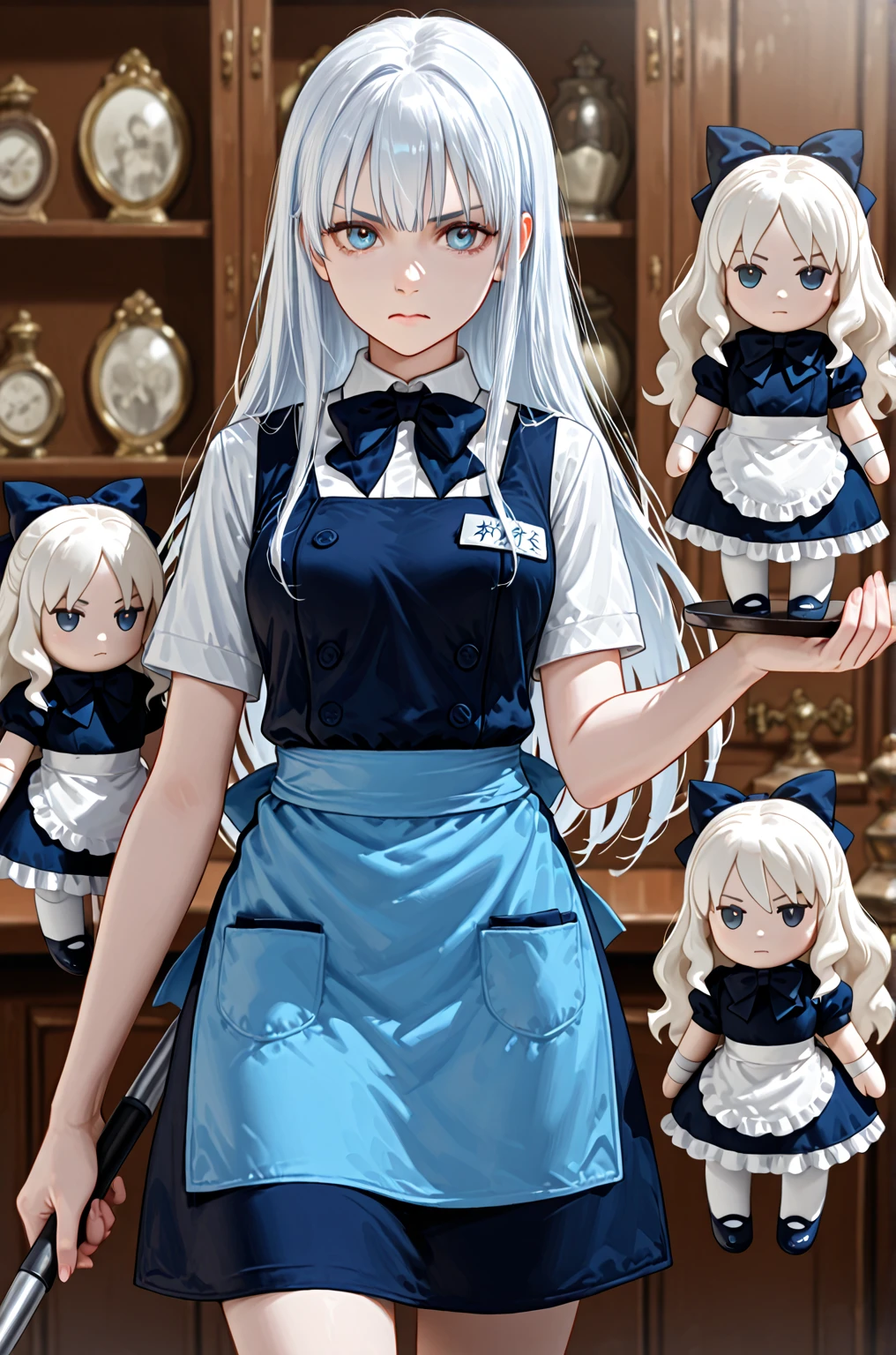 Girl doll, doll, Blue waiter clothes with bow tie, short white hair ...