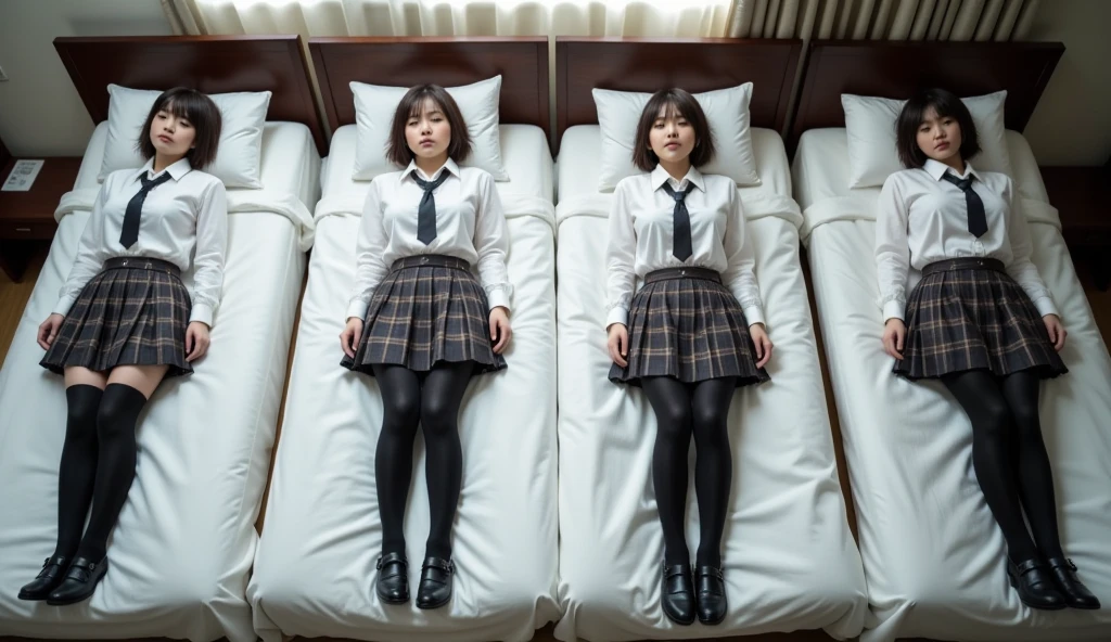 4 beds evenly spaced,Japanese high school girls sleeping on each bed ...