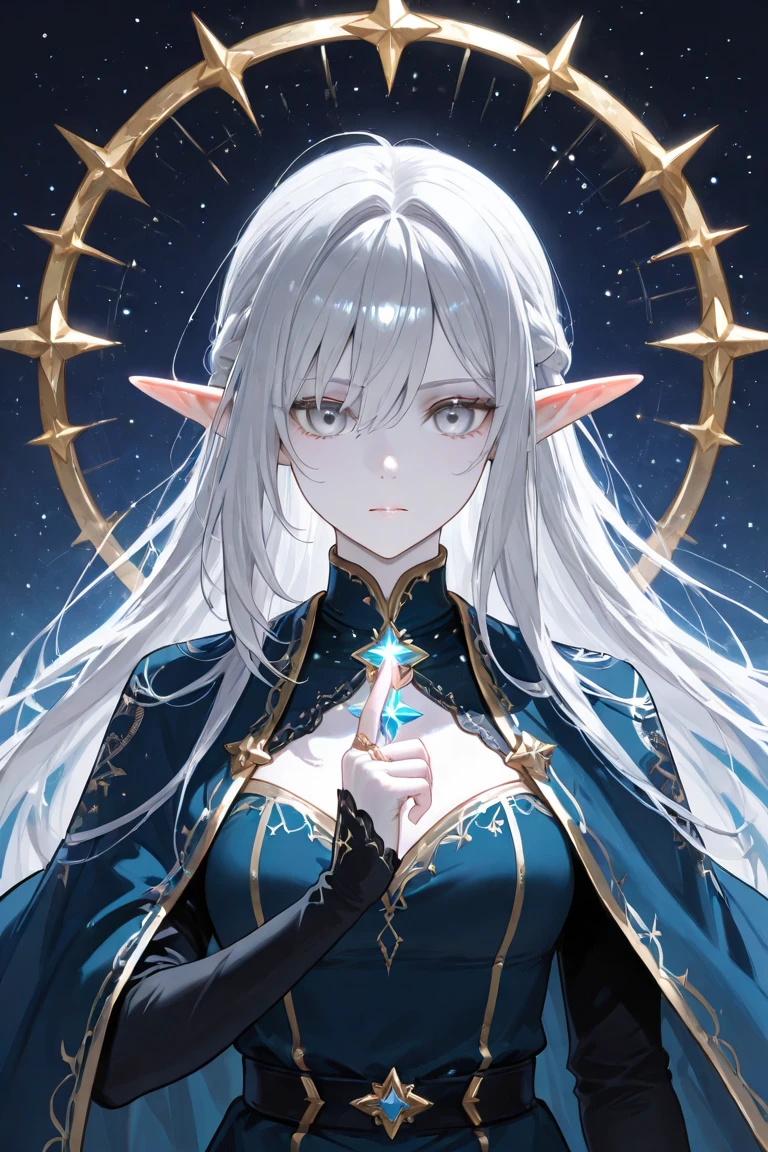 An elf with pale skin and silver eyes, wearing a long dark blue cloak ...