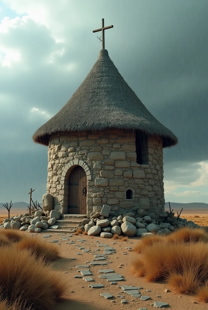 There is a small stone house with a thatched roof, a detailed matte painting by - SeaArt AI